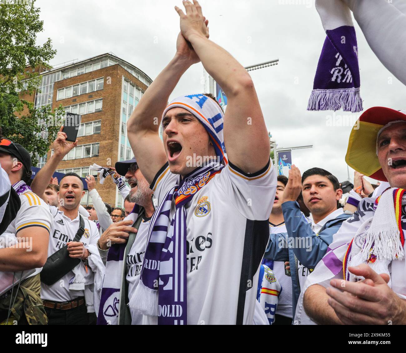 London, UK. 01st June, 2024. A group of Real Madrid fans with scarves ...