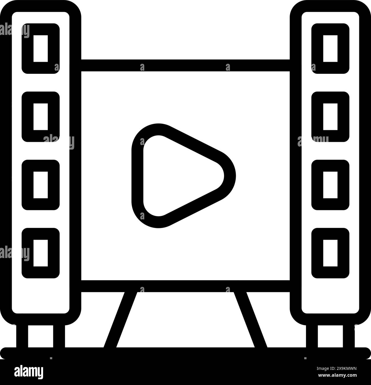 Black and white line art of a movie screen and film reels with a ...