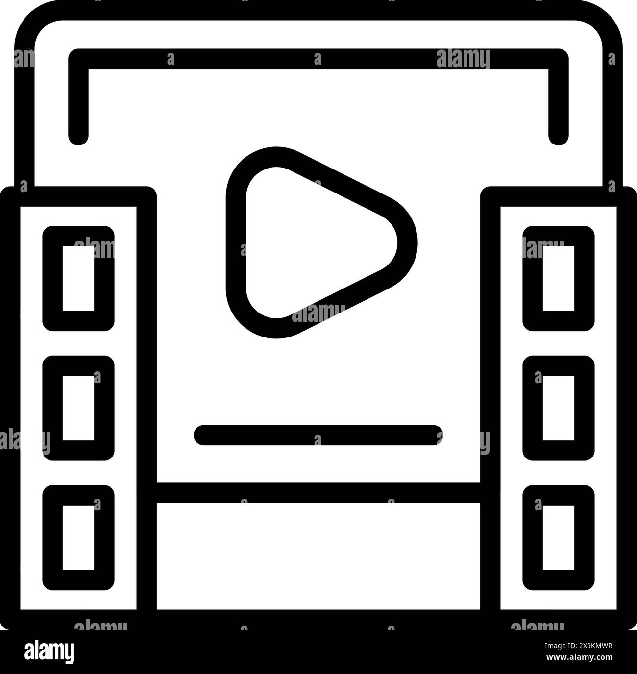 Black and white line art of a play button symbol within a film frame ...