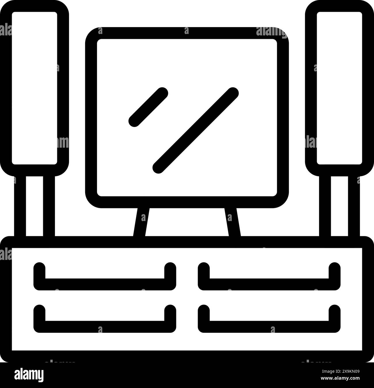 Black and white line icon of a minimalist desk setup with computer and ...