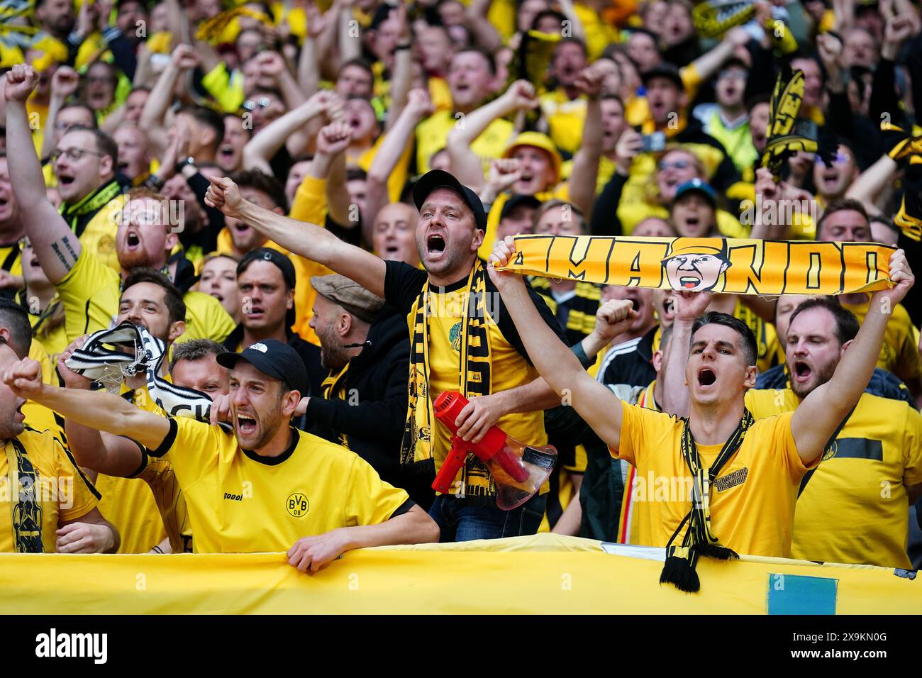 Borussia Dortmund fans show their support in the stands ahead of the ...
