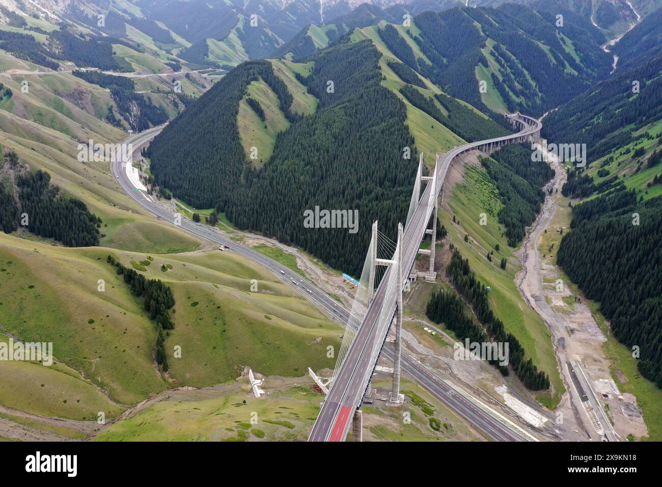 An aerial photo is showing Guozigou Bridge in Bozhou, Xinjiang province ...