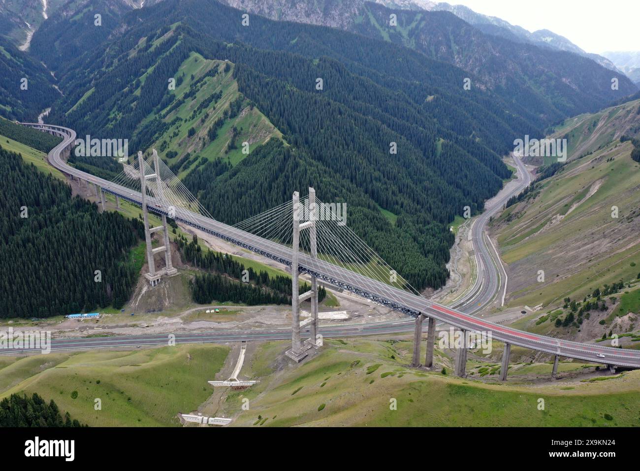 An aerial photo is showing Guozigou Bridge in Bozhou, Xinjiang province ...