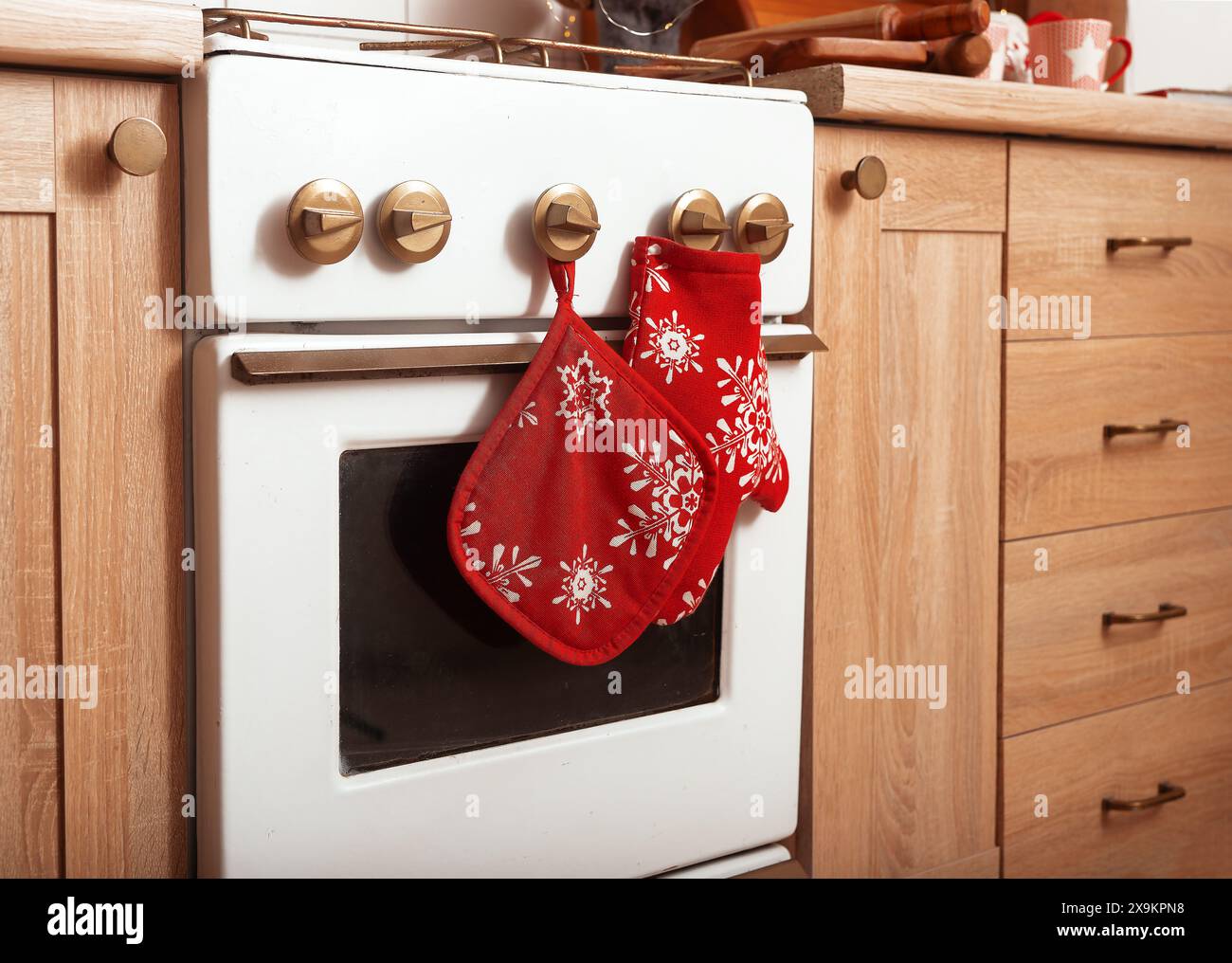 Oven mitt in kitchen. Cooking glove with white potholder. Red cook ...