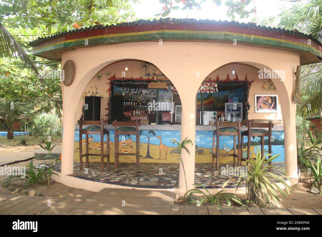 A cozy beach bar with vibrant murals depicting African wildlife ...