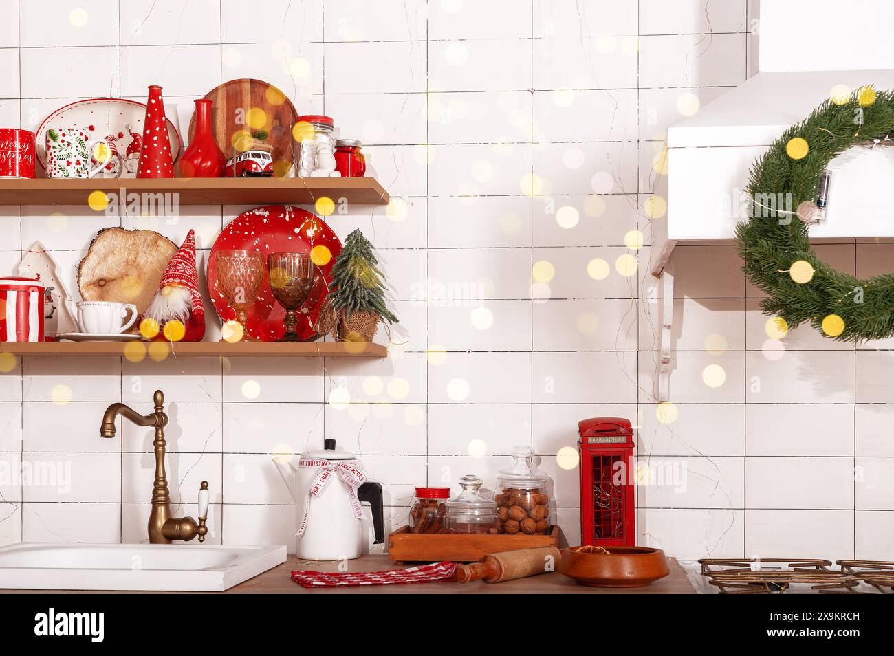 Christmas kitchen interior decor. Winter table in home xmas setting ...