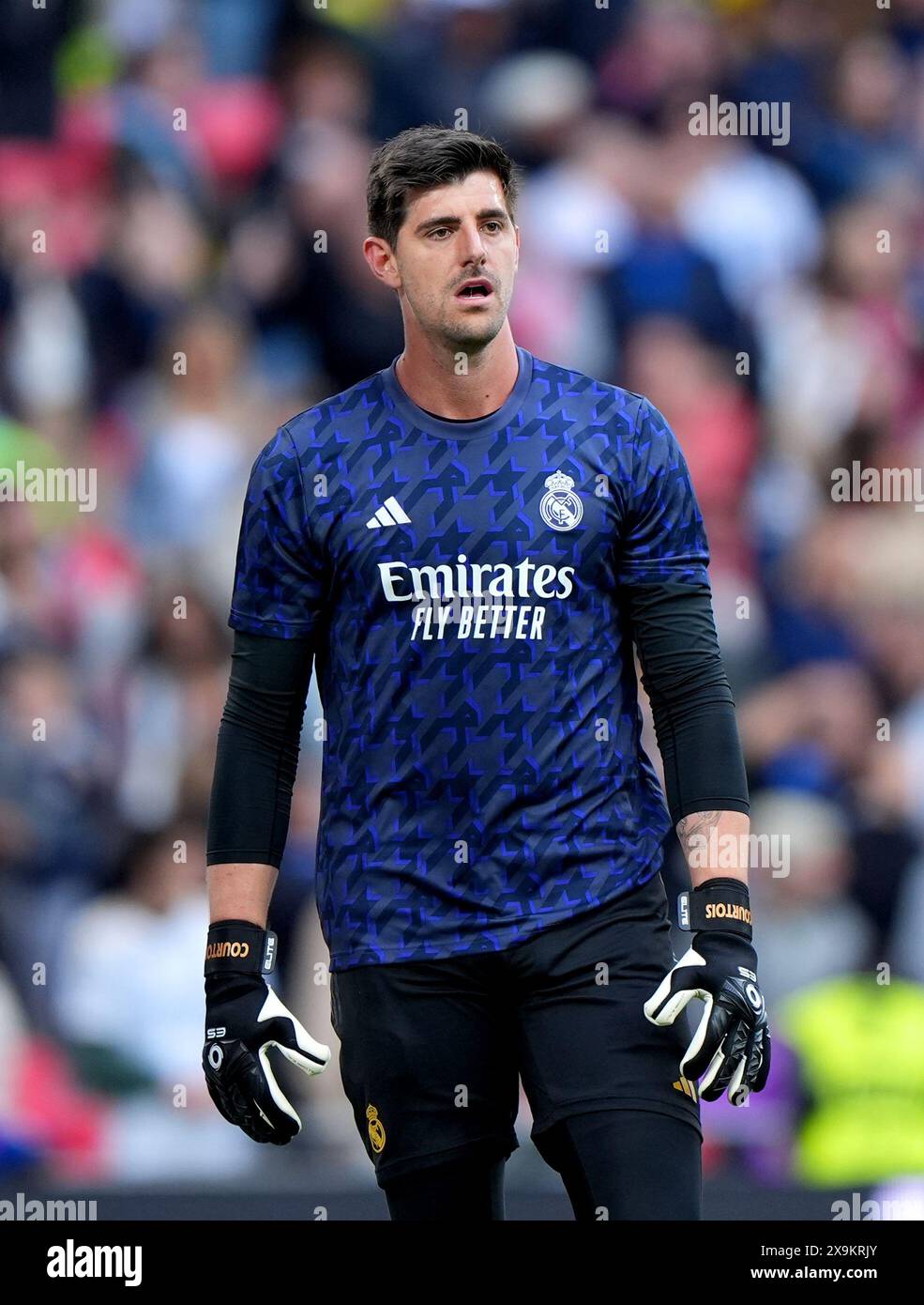 Real Madrid goalkeeper Thibaut Courtois during the pre-match warm up ...