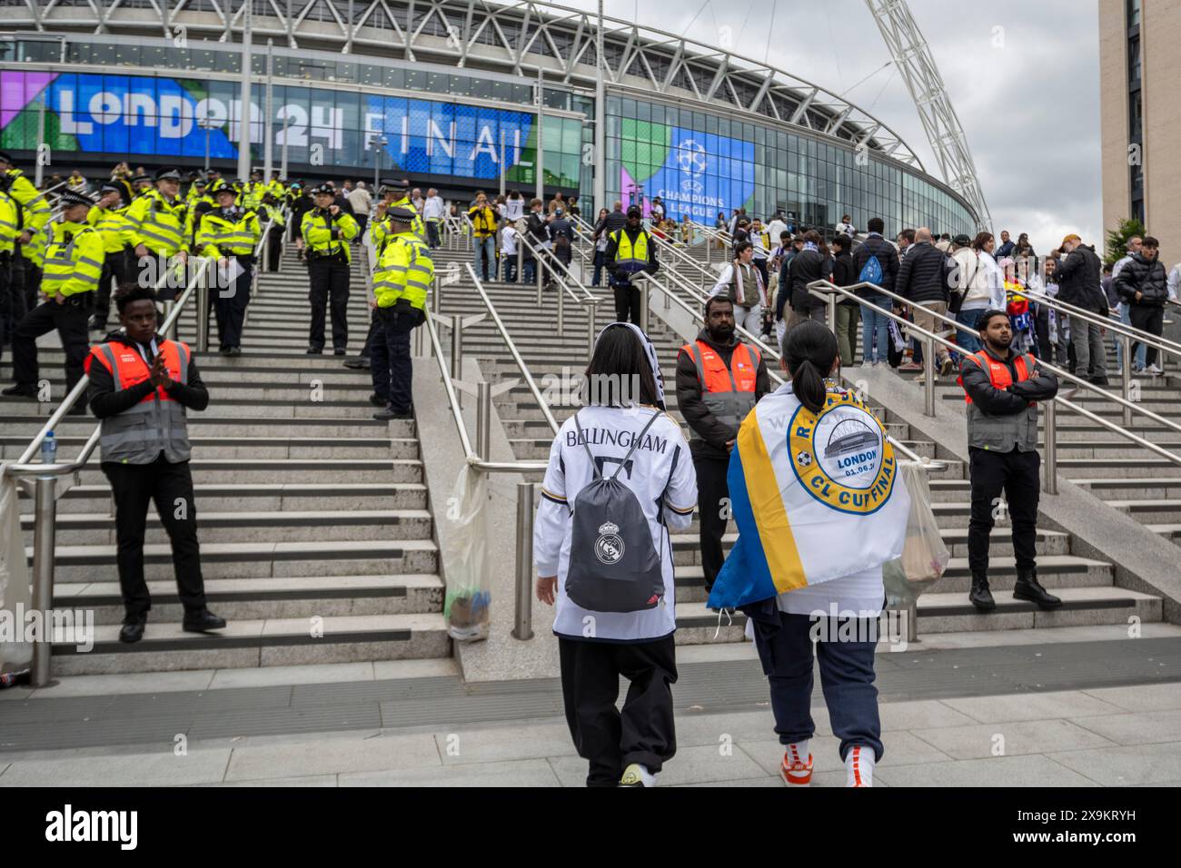 London, UK. 1 June 2024. Real Madrid fans arrive in Olympic Way ahead ...