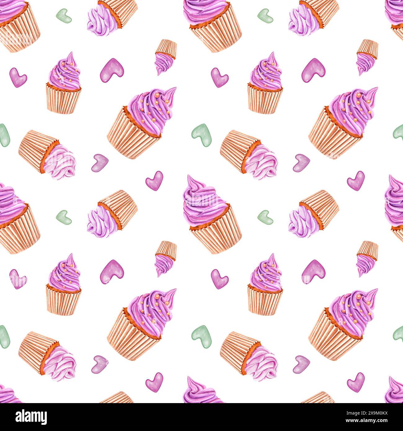 Desserts decorated with pink whipped cream and sweet sprinkles. Muffins ...