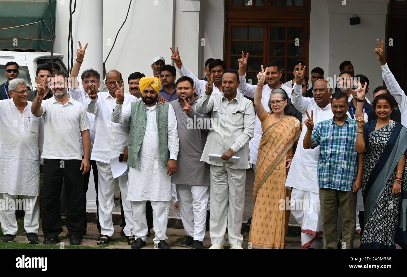 New Delhi, India - June 1, 2024: Congress President Mallikarjun Kharge, the party leaders Sonia ...
