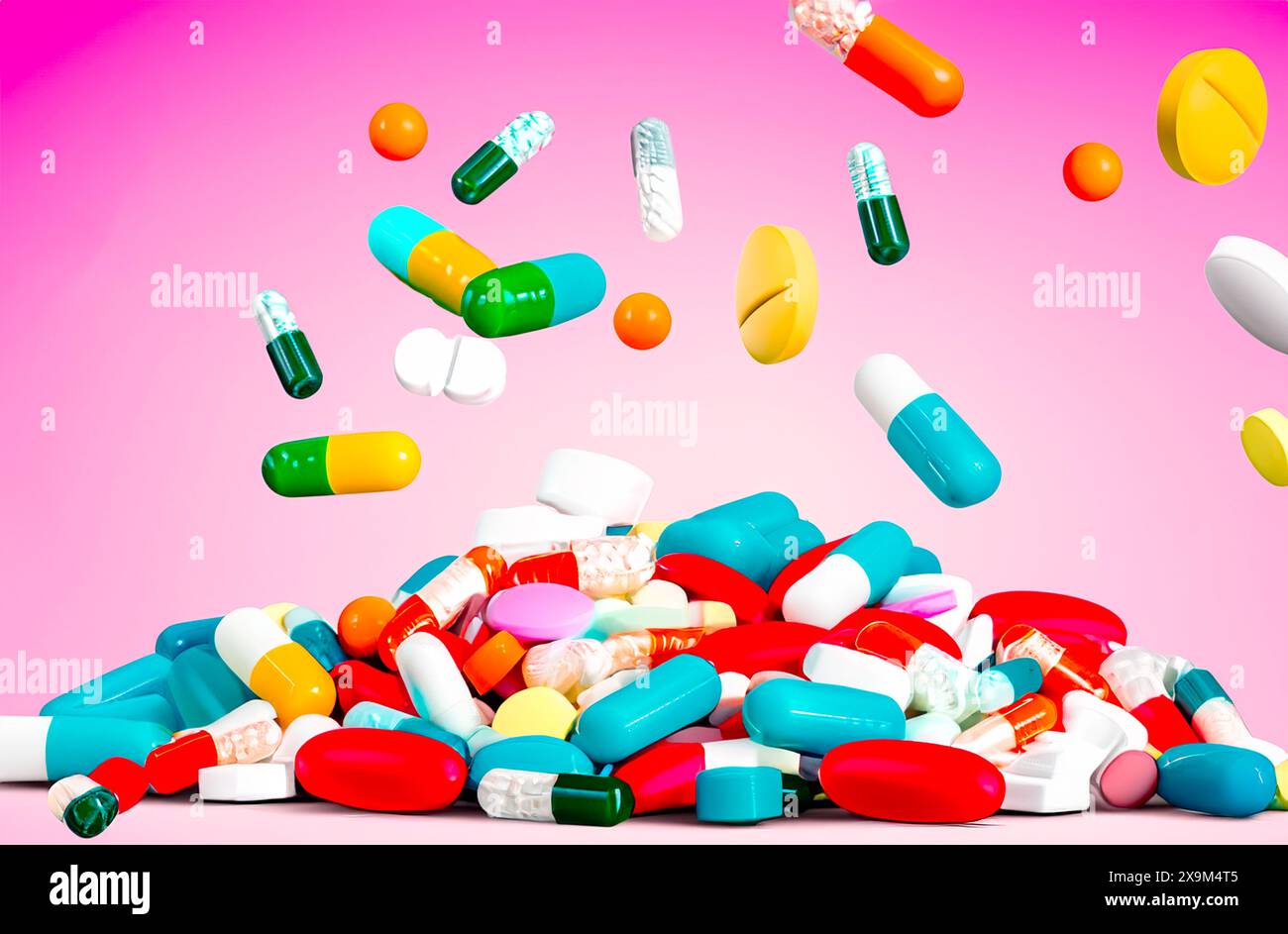 Falling medicine pills and antibiotics isolated over pink background ...