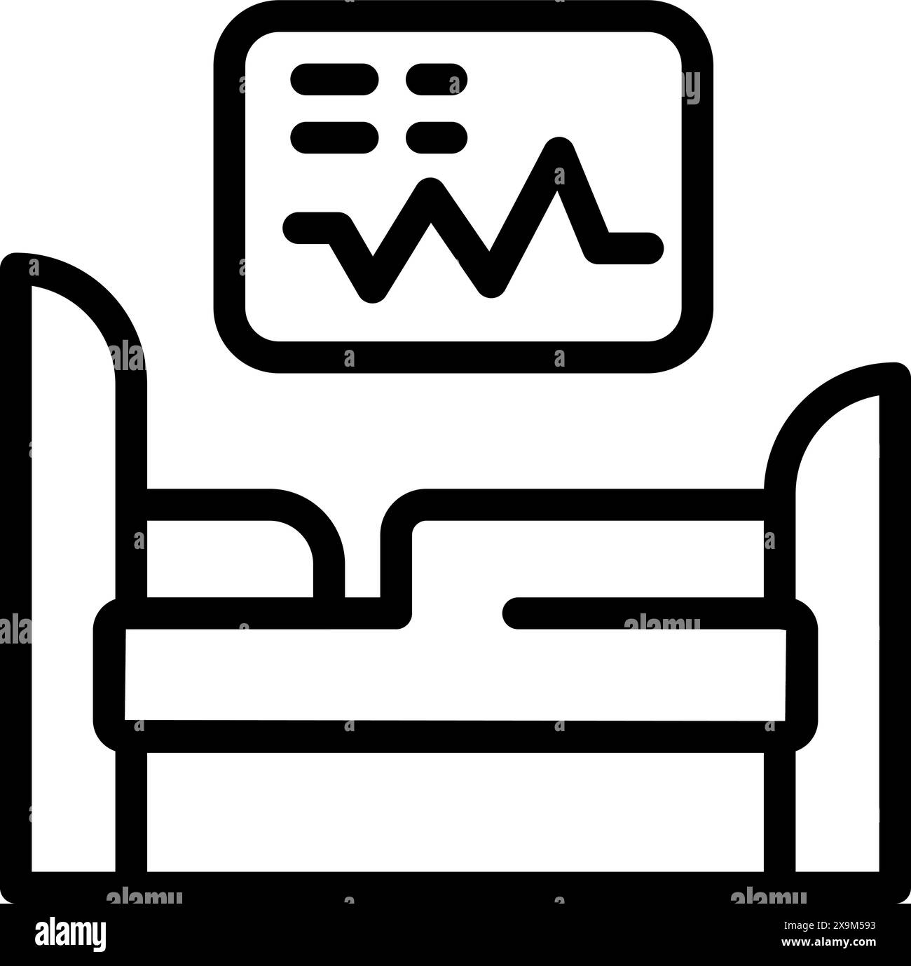 Simplified black line icon illustrating a hospital bed with a ...