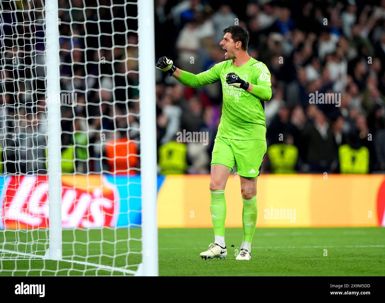 Real Madrid goalkeeper Thibaut Courtois celebrates after team-mate ...