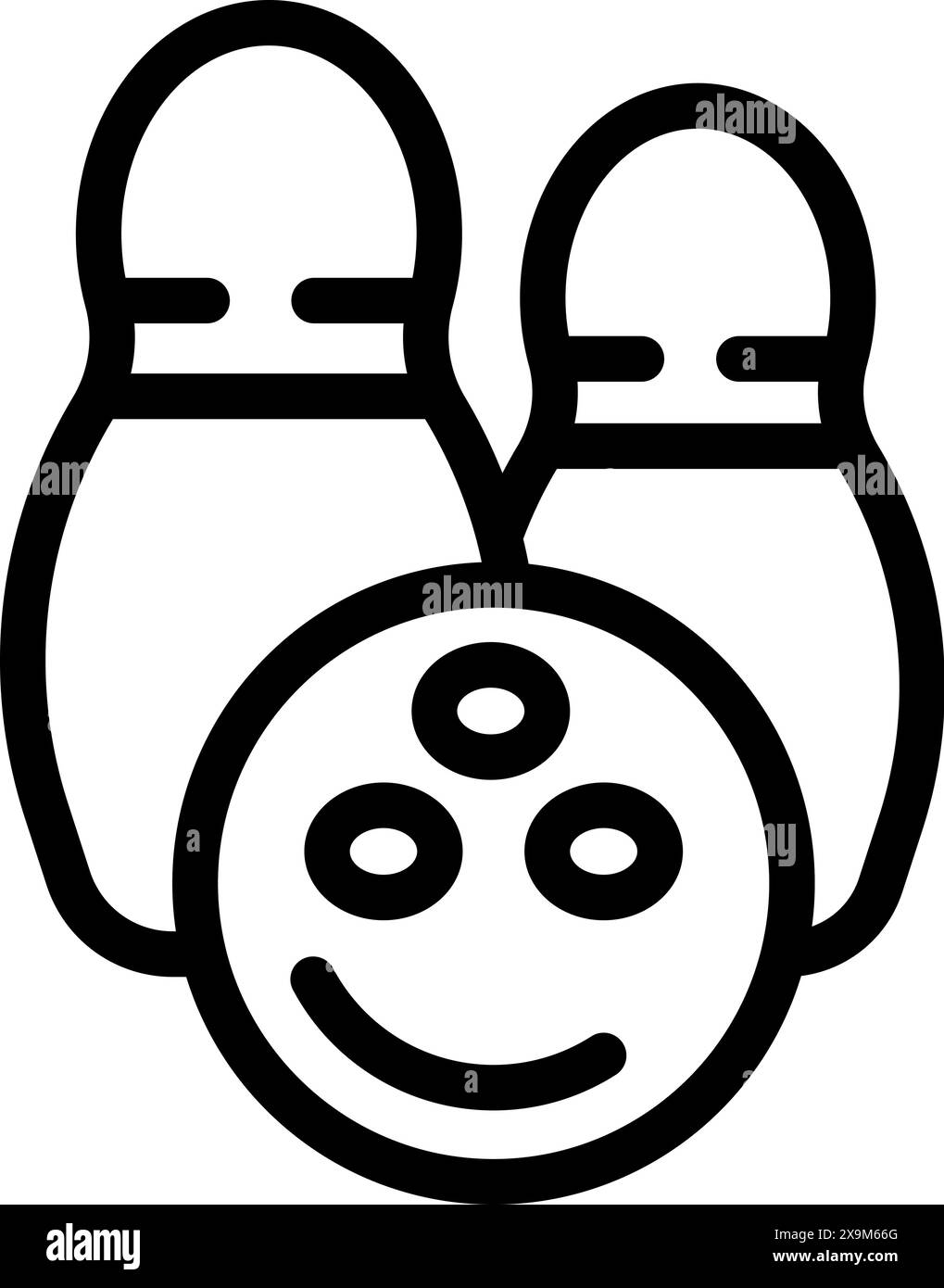 Simplified line art icon of a bowling ball and pins with a smiling face ...