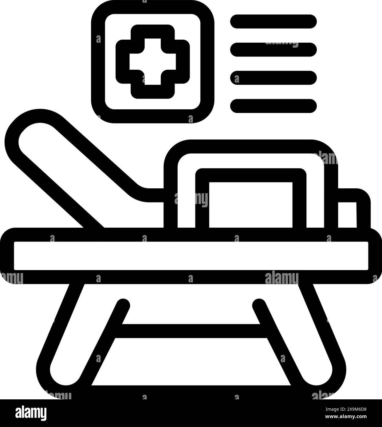 Black and white line art of a hospital bed alongside a medical document ...