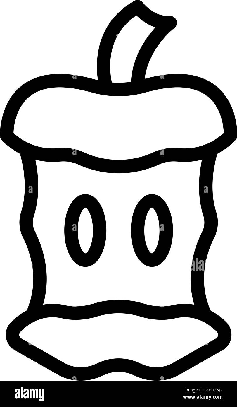 Black and white line art of a cute apple core with eyes, showing an ...