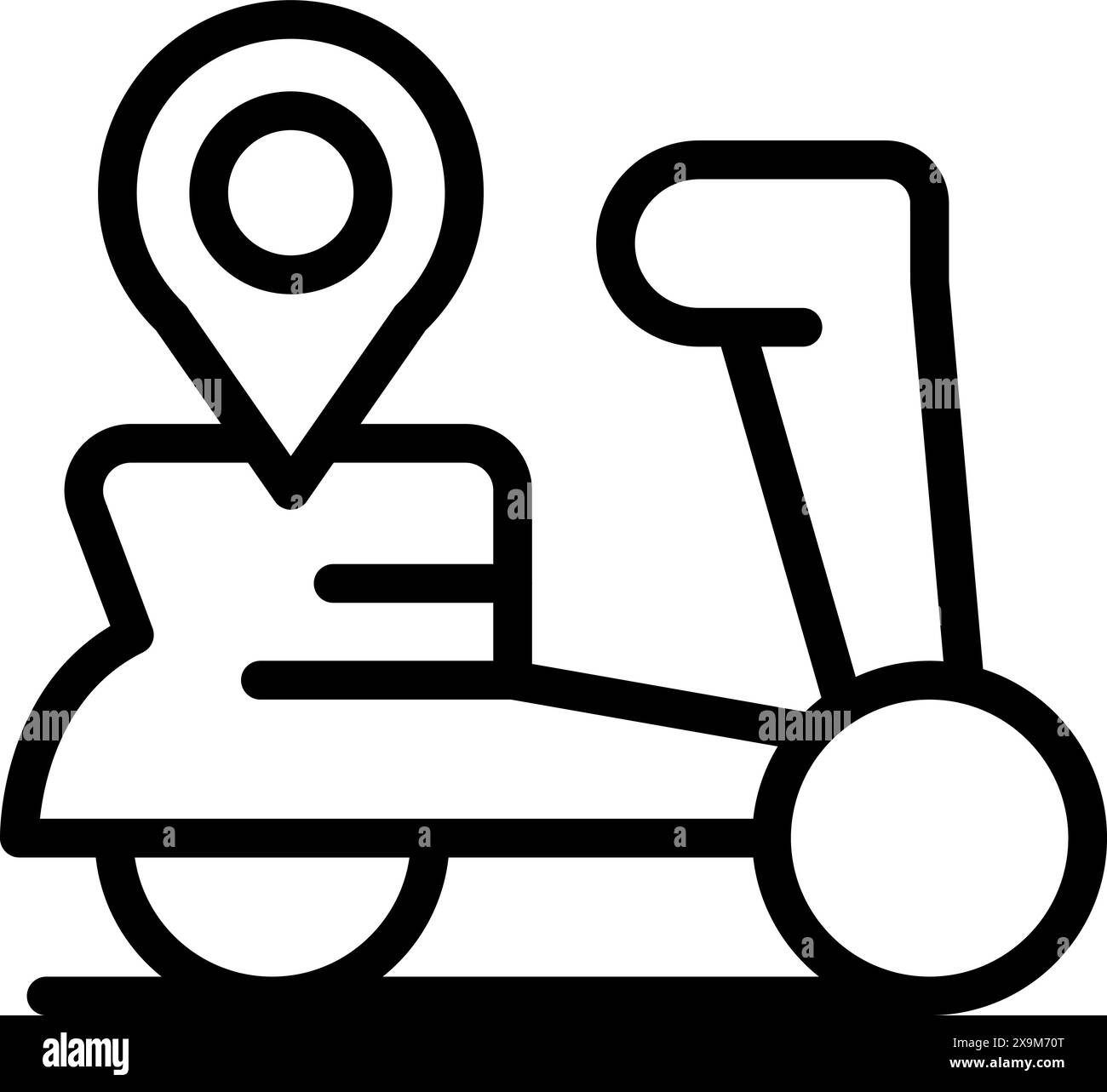 Line art icon illustration of a delivery scooter with a location pin ...