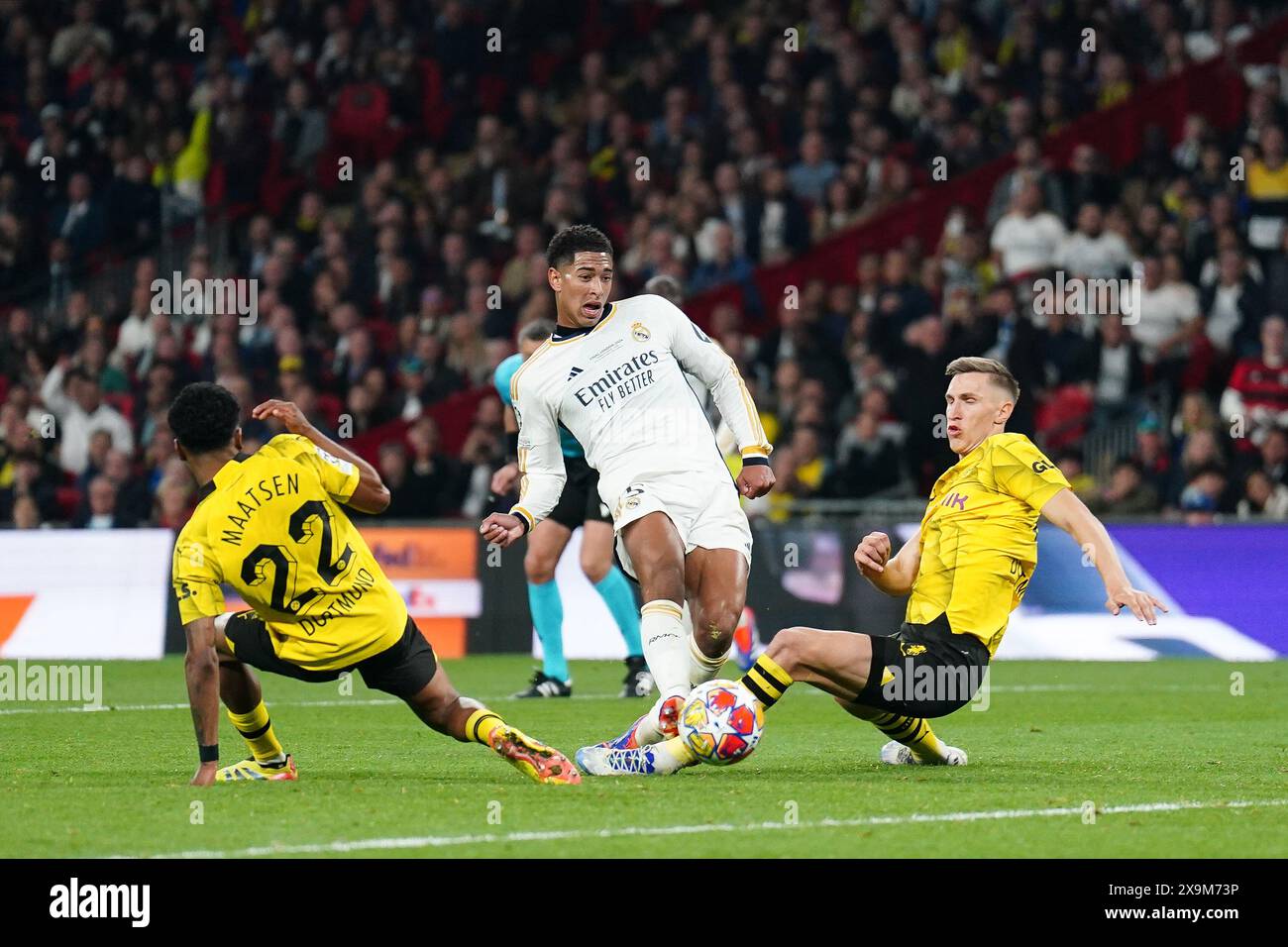 Real Madrid's Jude Bellingham attempts a shot on goal during the UEFA ...