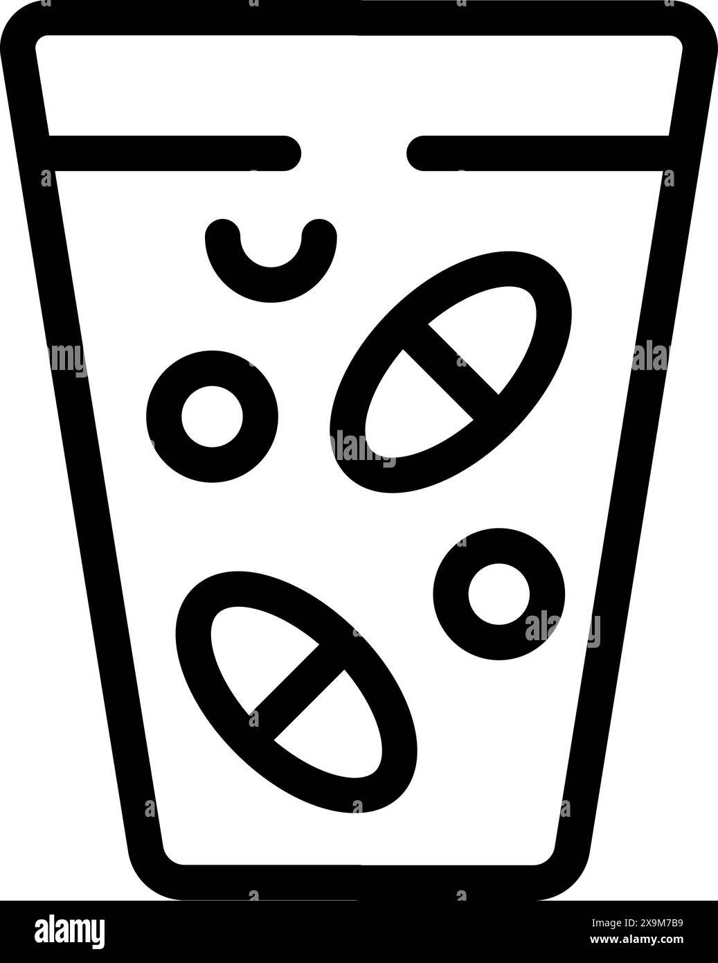 Black and white line art of effervescent tablets dissolving in a glass ...