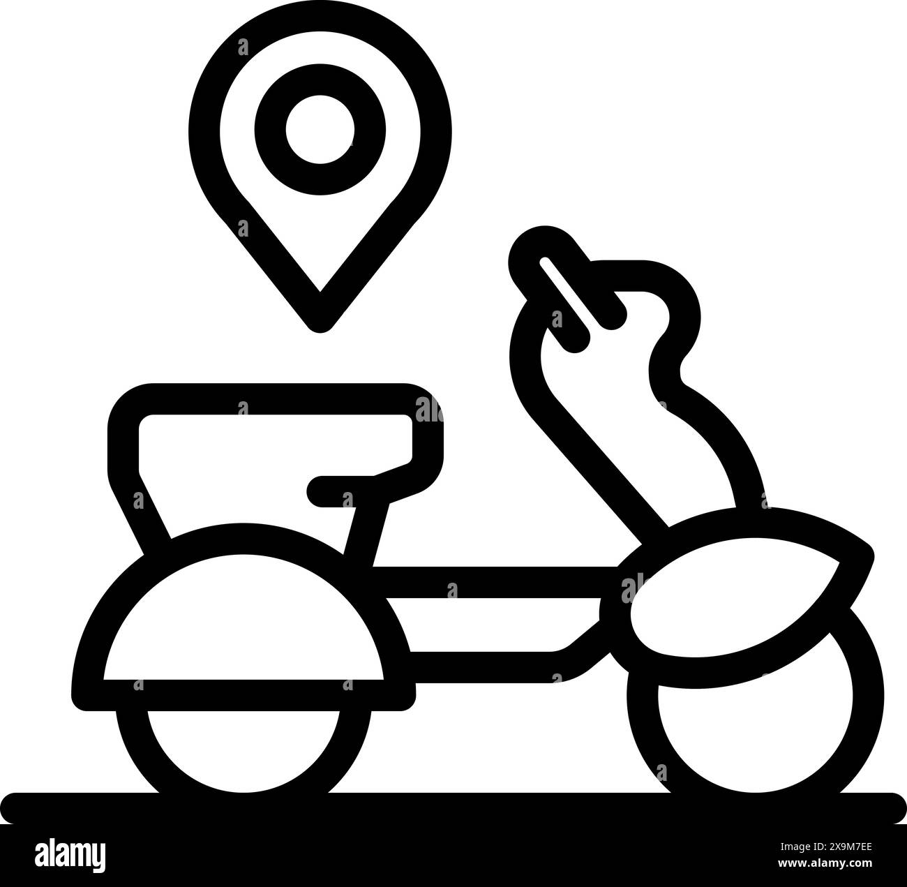 Black and white vector icon of a delivery scooter with a location pin ...