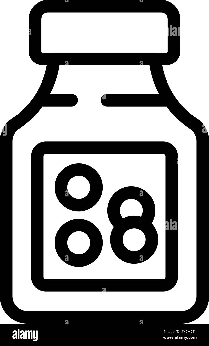 Cartoon medicine bottle icon illustration in black and white. Simple graphic symbol for ...