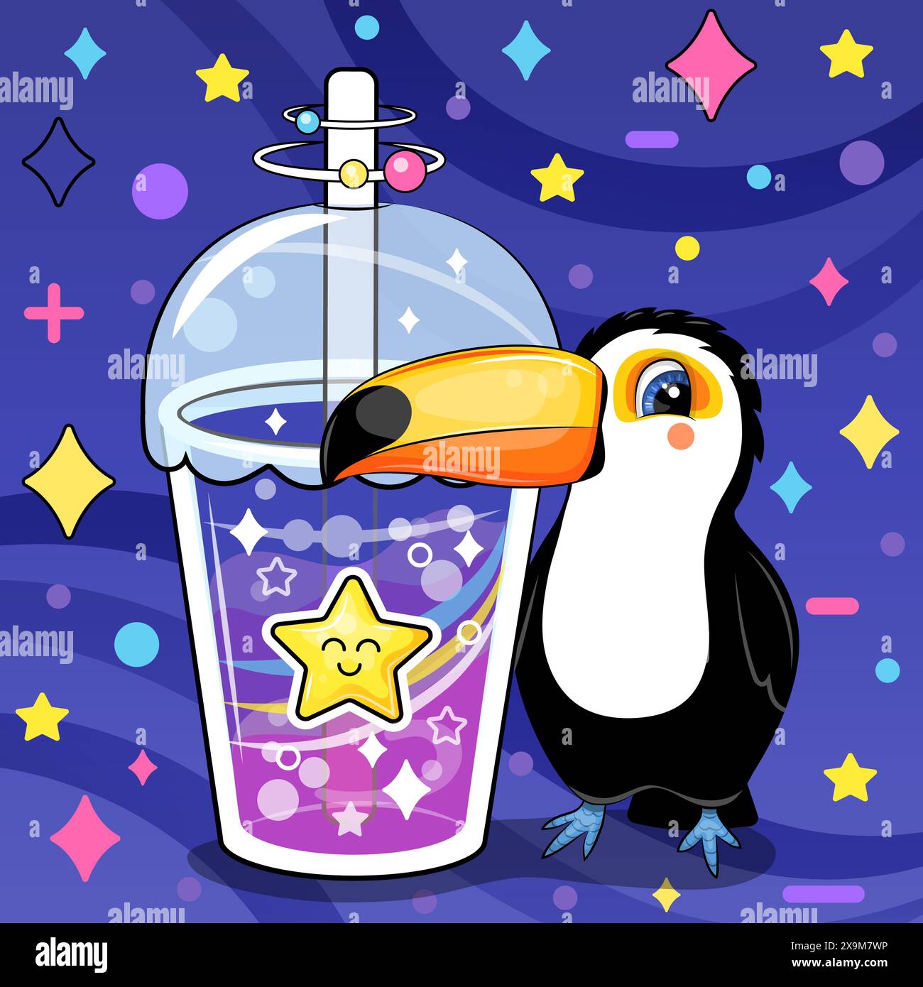 A cute cartoon toucan with a big drink. Night vector illustration of an ...