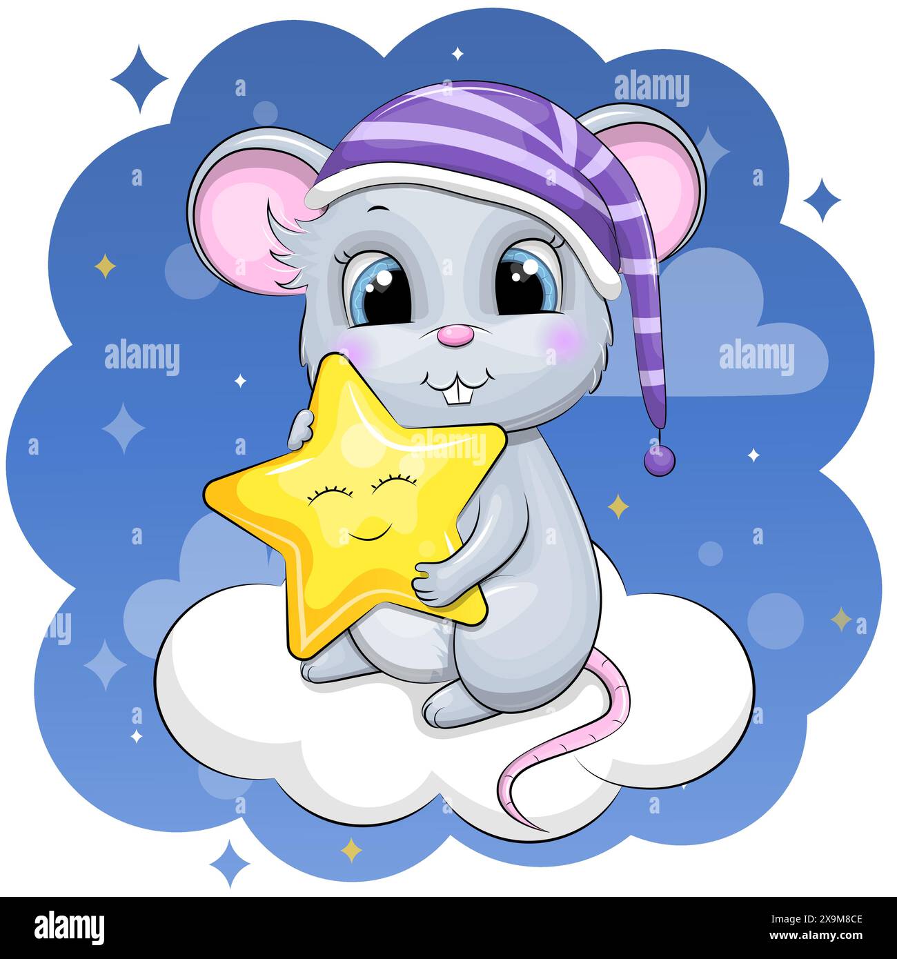 Cute cartoon mouse is wearing a nightcap and holding a yellow star, and ...