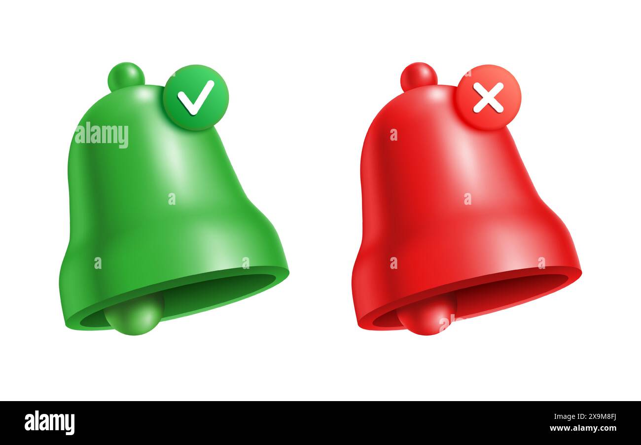 Green bell with a check mark for accept notifications and a red bell with a cross mark for ...