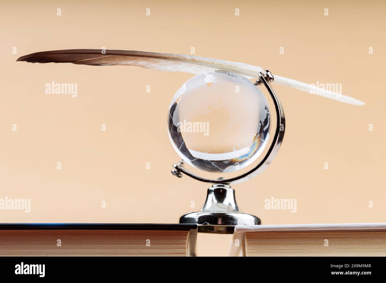 Glass Globe with Balancing Bird Feather on Stack of Books, Fragile ...
