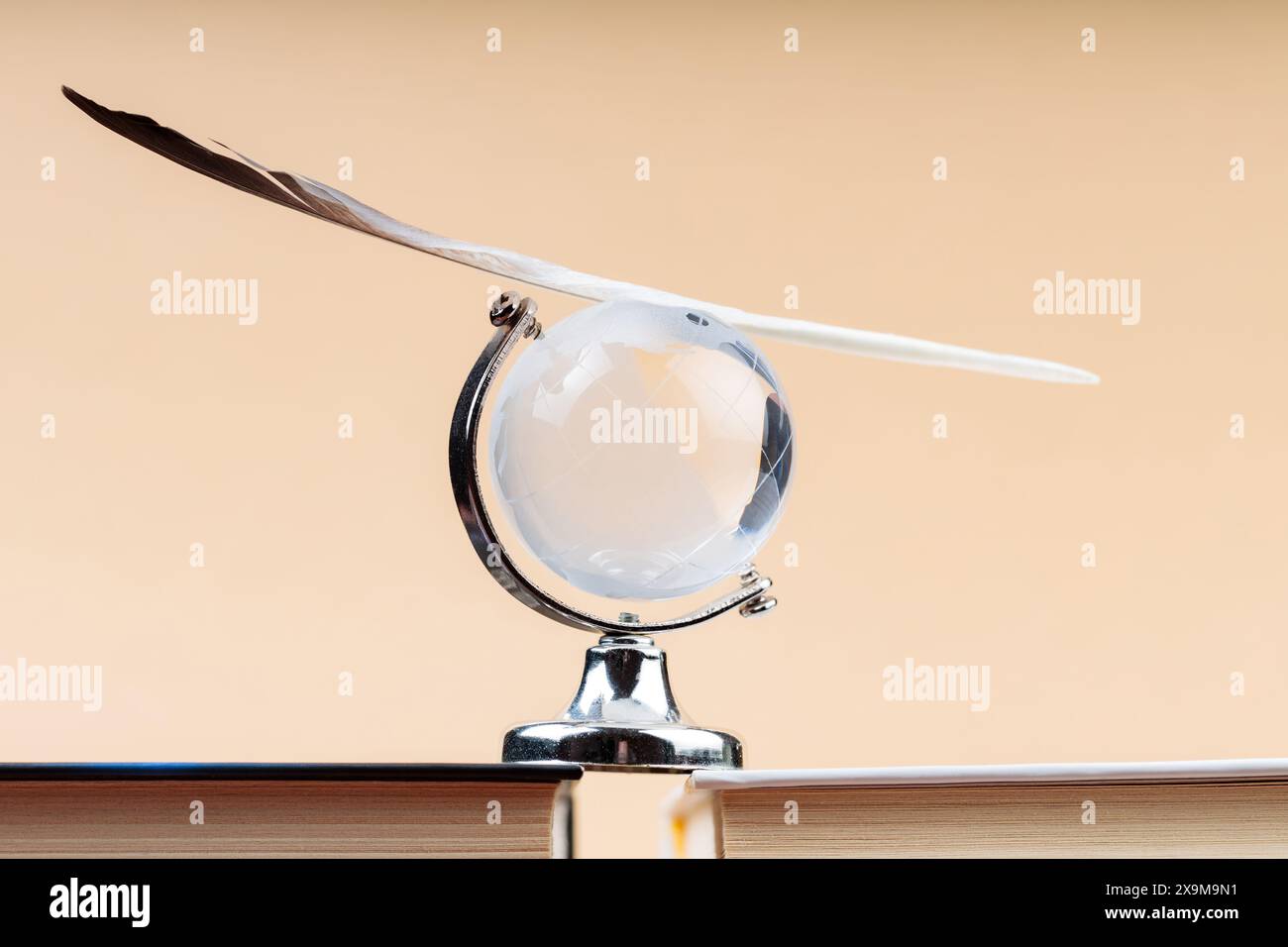 Glass Globe with Balancing Bird Feather on Stack of Books, Fragile ...