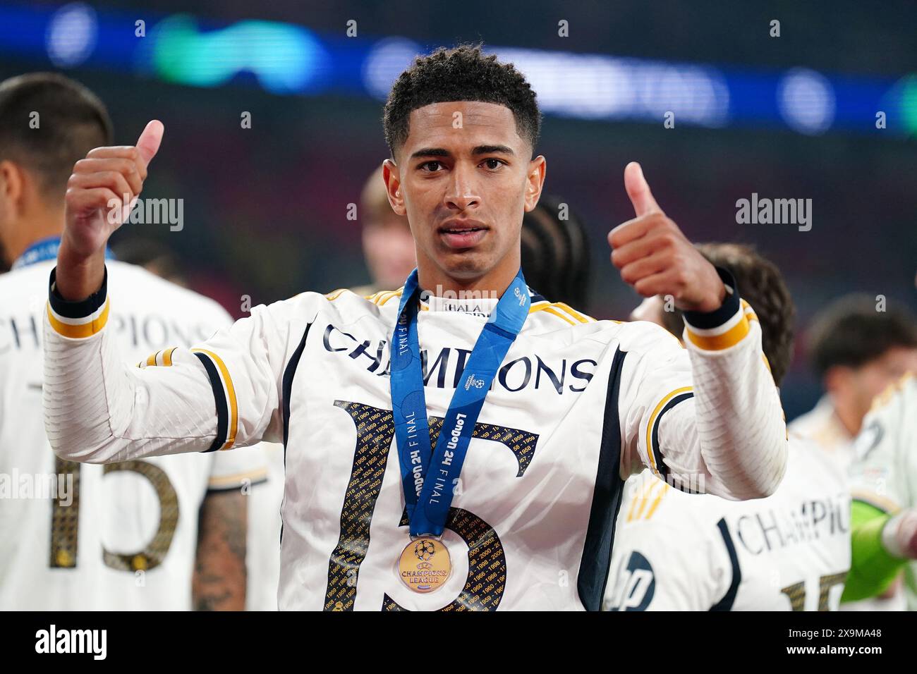 Real Madrid's Jude Bellingham celebrates after winning the UEFA ...