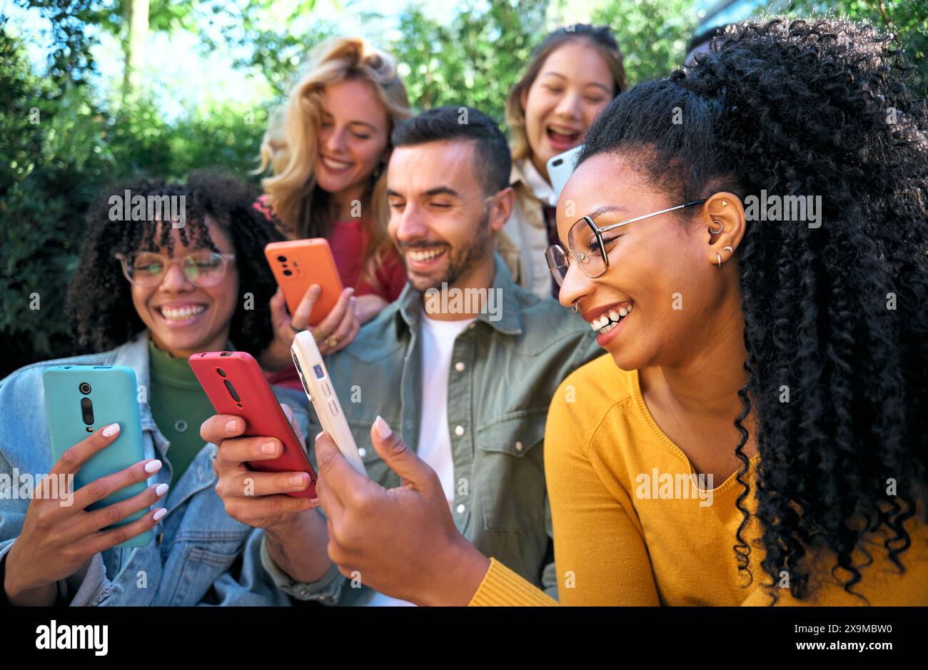 Group of young people using smart mobile phones app. Teenagers addicted ...