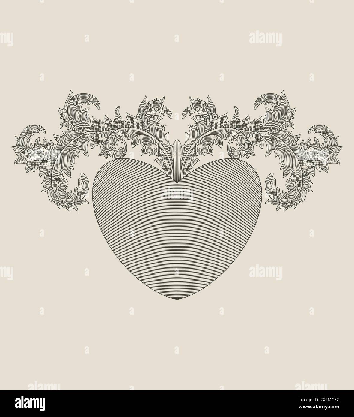 Heart with floral ornament scroll decoration, Vintage engraving drawing ...