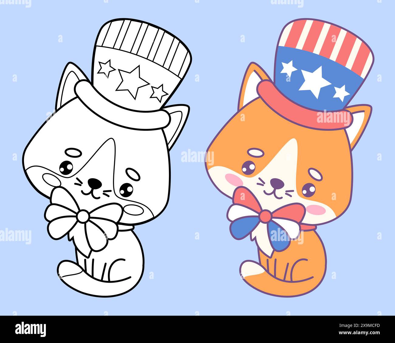 Patriotic cat with bow and hat in colors of American flag. Set of ...
