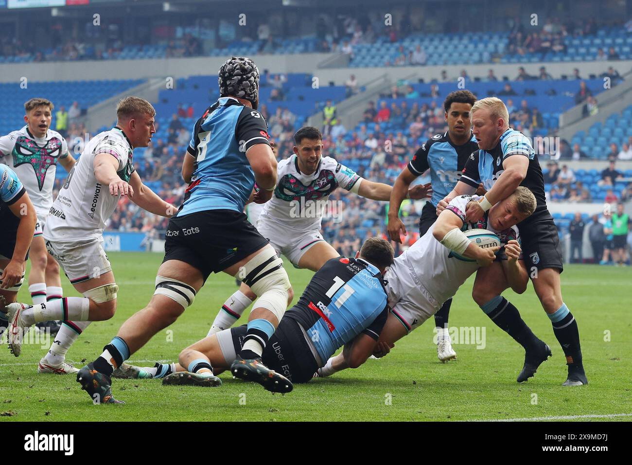 Cardiff, UK. 01st June, 2024. Keiron Williams of the Ospreys is tackled ...