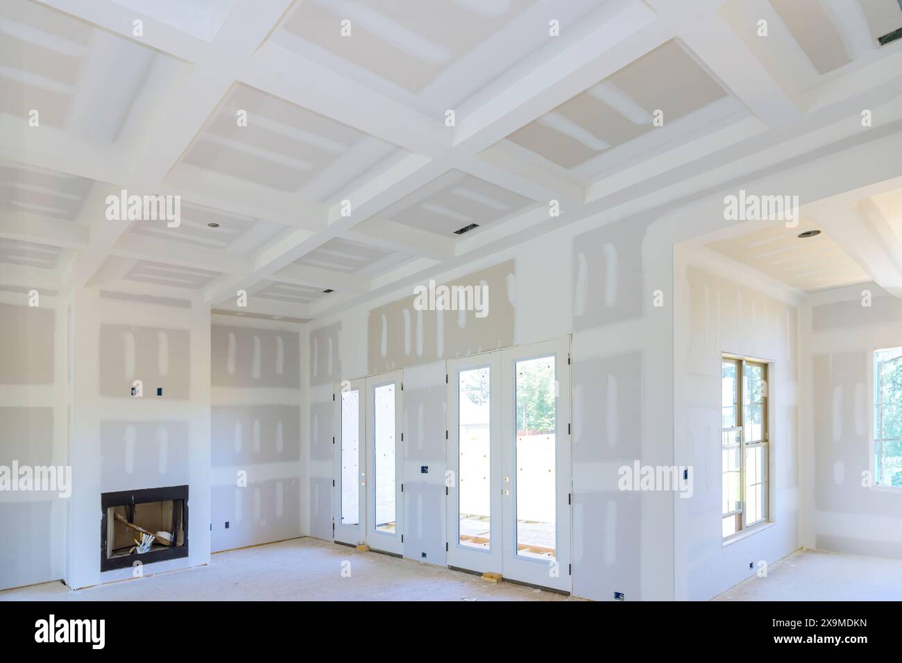 New home construction gypsum plaster walls interior finish drywall ...