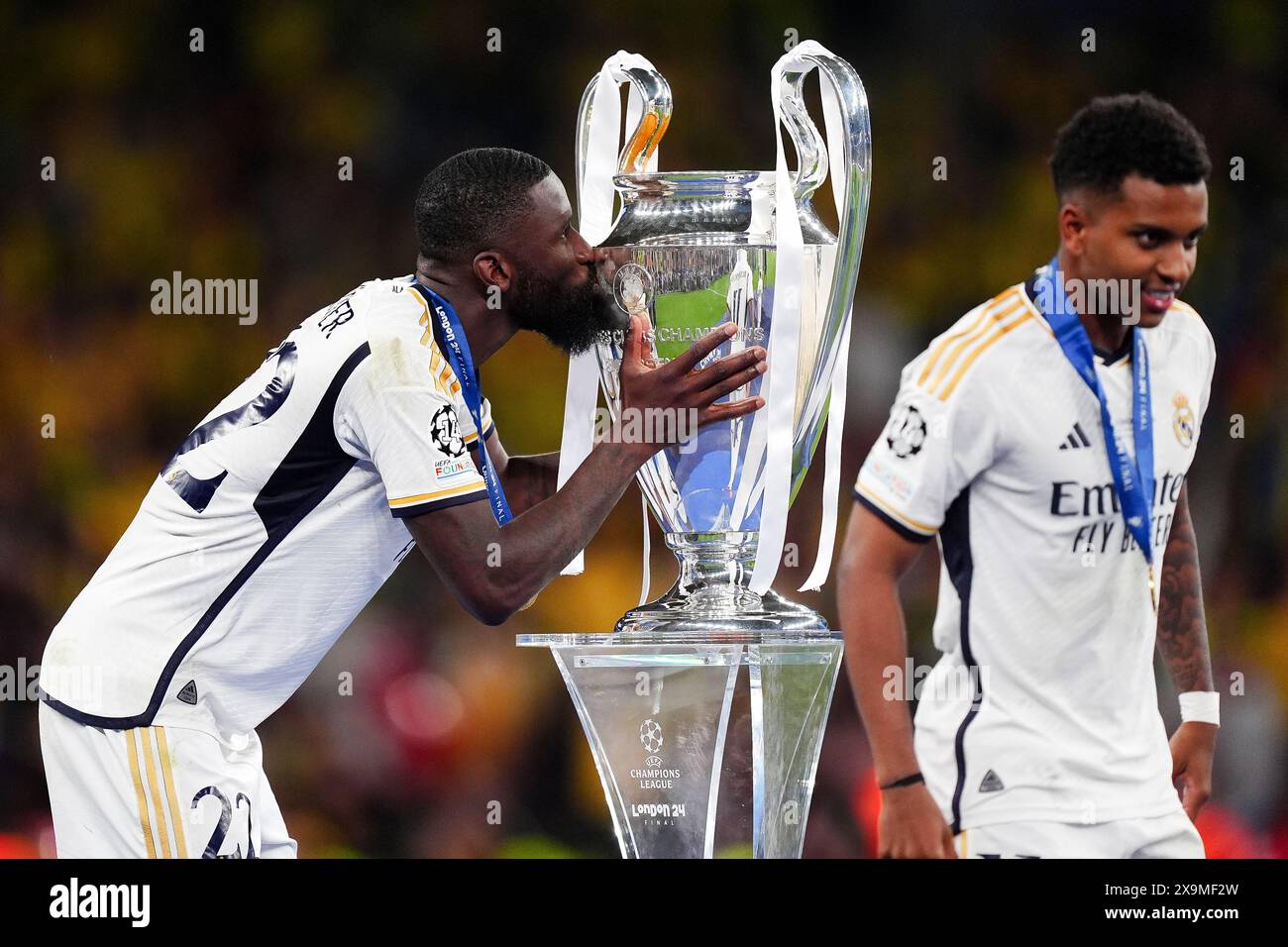 Real Madrid's Antonio Rudiger kisses the trophy after winning the UEFA ...