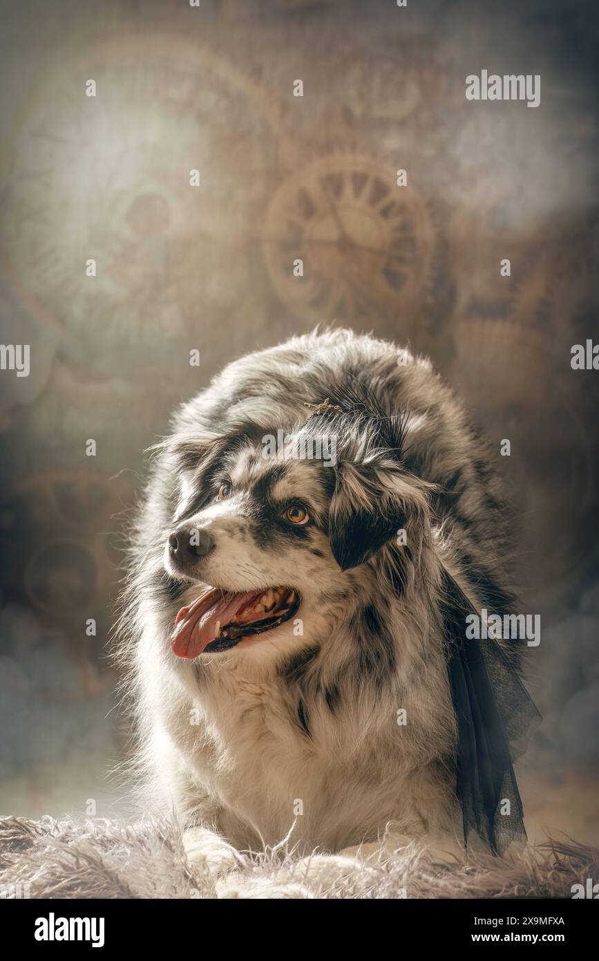 A cute australian shepherd dog cosplay dressed in a steampunk setting ...