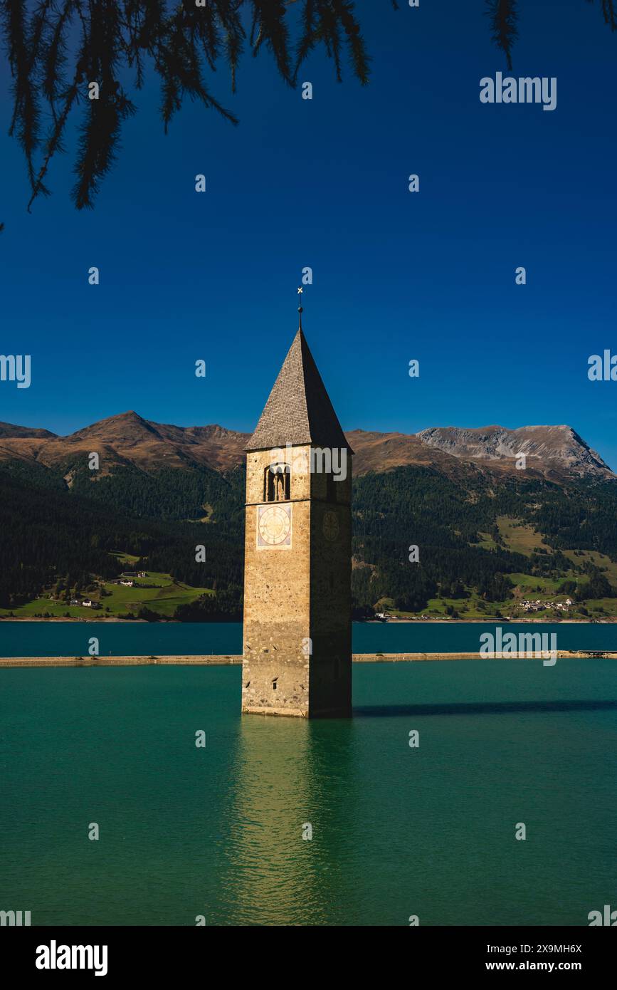 sunken village, church tower, Curon, South Tyrol, Reschensee, Alps ...