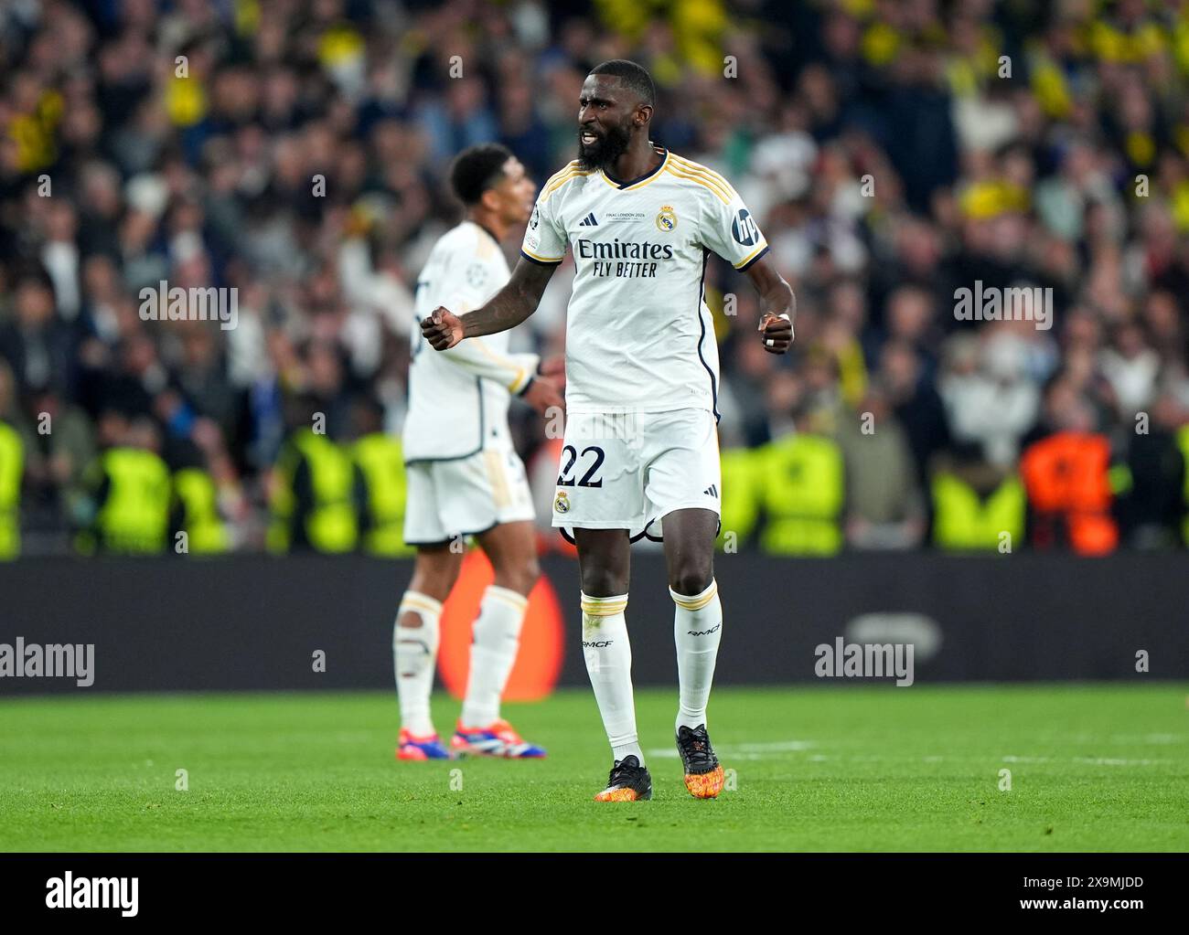 Real Madrid's Antonio Rudiger celebrates after team-mate Vinicius ...