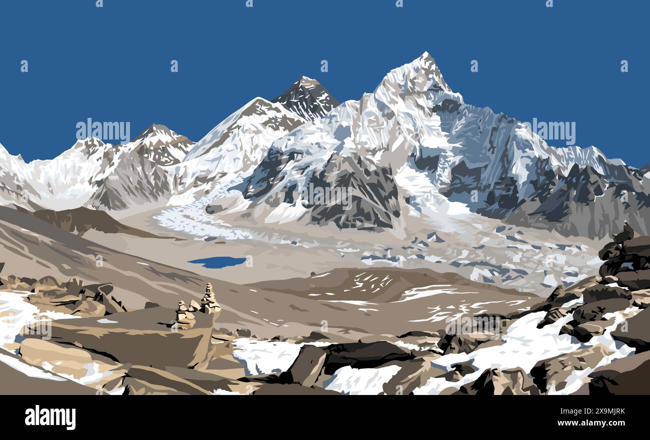 Illustration of Mount Everest and Nuptse peak as seen from Kala Patthar, Nepal Himalayas ...