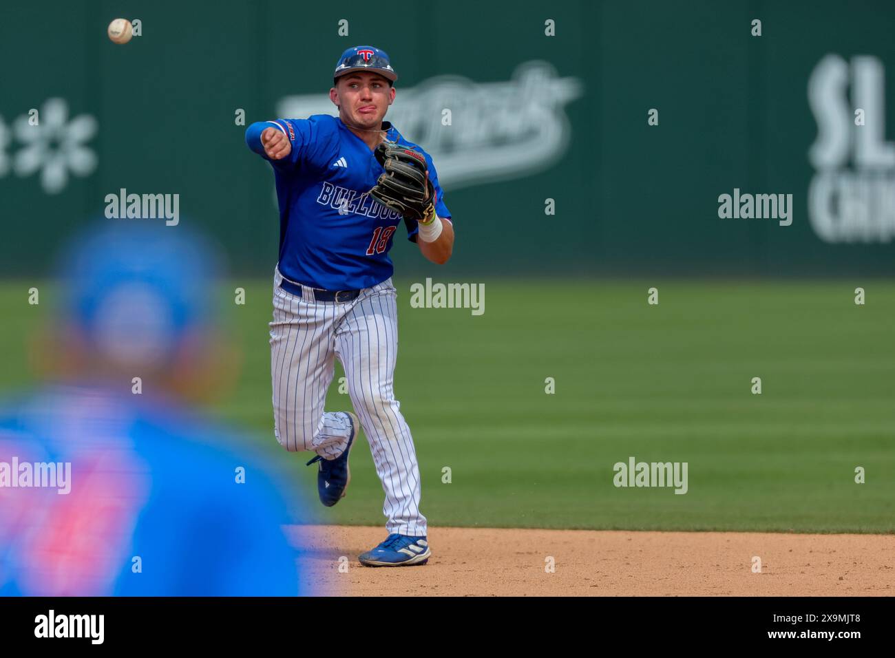 June 1, 2024: Bulldogs infielder Kasten Furr #18 makes a throw over to ...