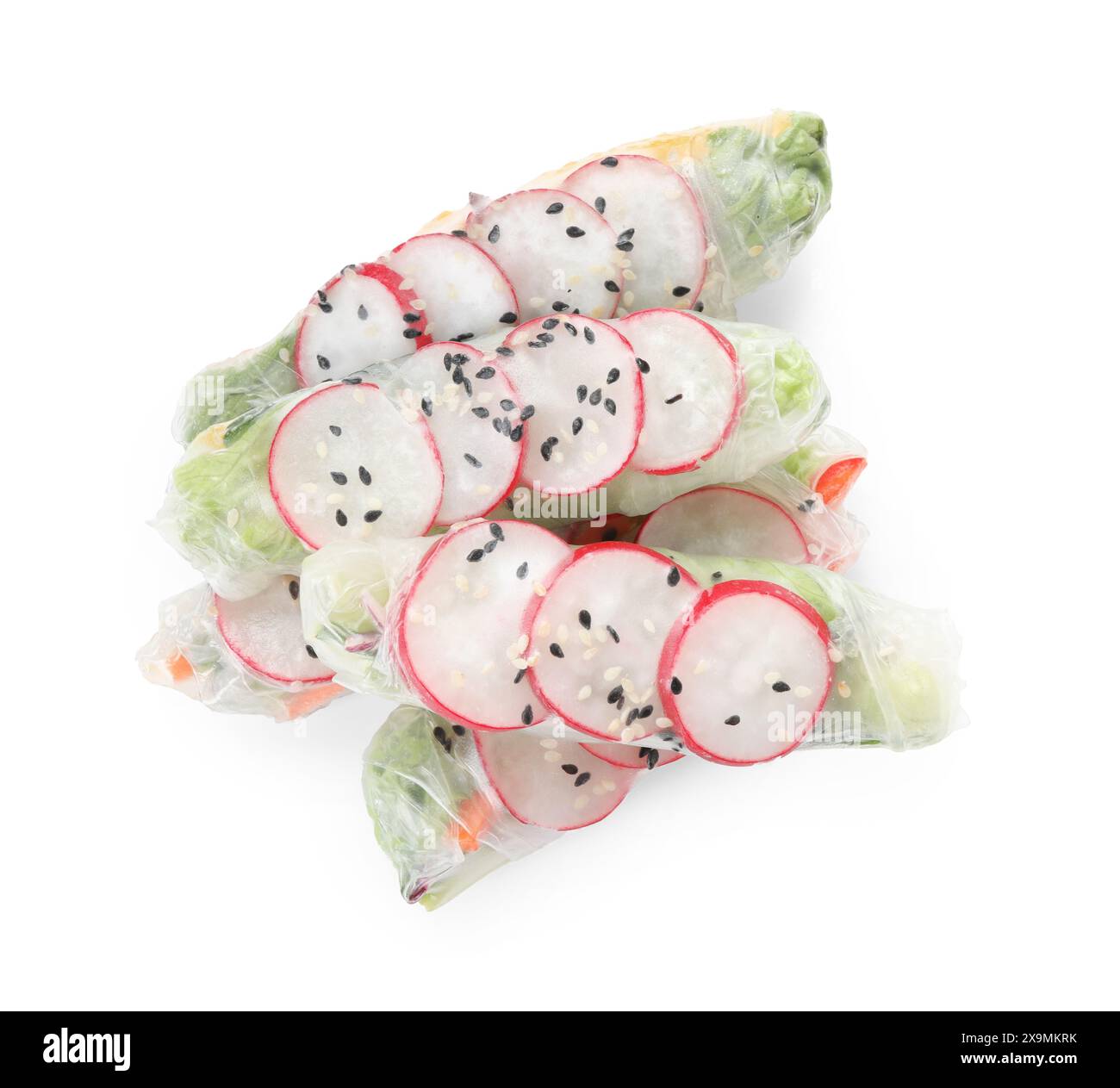 Delicious spring rolls wrapped in rice paper isolated on white, top ...