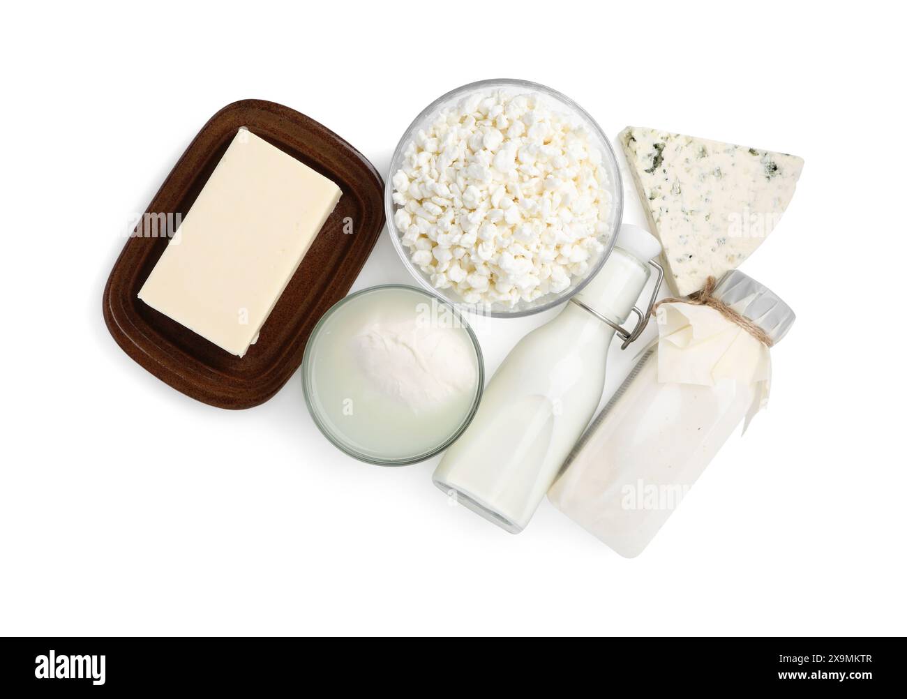 Different fresh dairy products isolated on white, top view Stock Photo ...