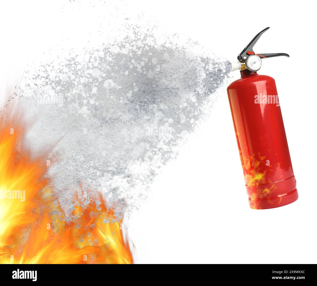 Fire extinguisher and flame on white background Stock Photo - Alamy