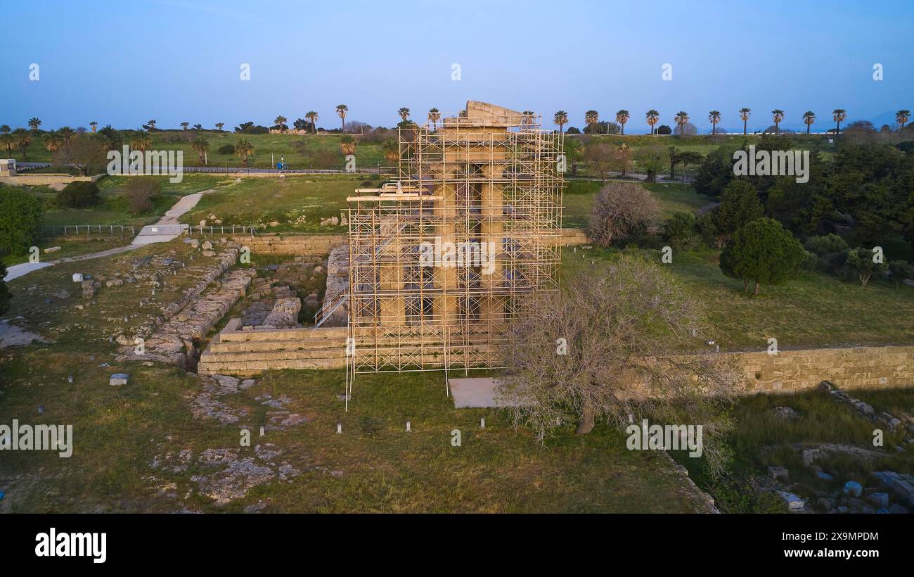 Acropolis of Rhodes, Ancient temple in ruins, supported by scaffolding ...