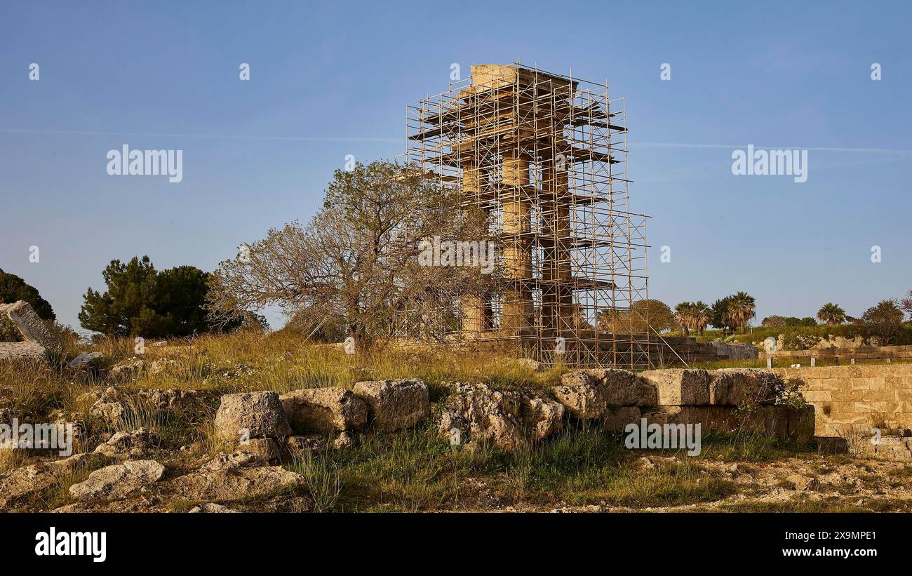 Acropolis of Rhodes, Ancient temple in ruins with scaffolding for ...