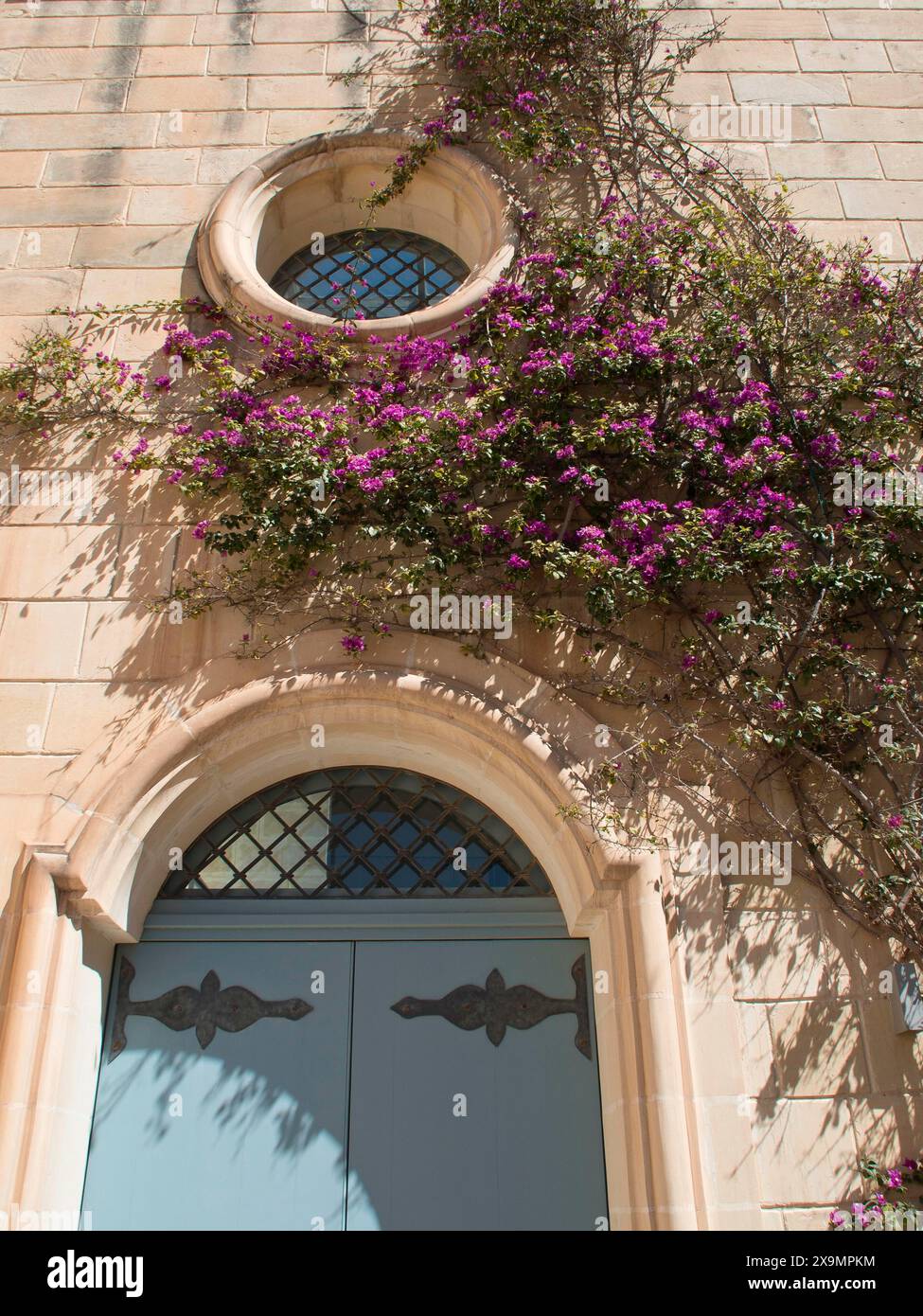 A blue door with an arch and a round window surrounded by ivy and ...