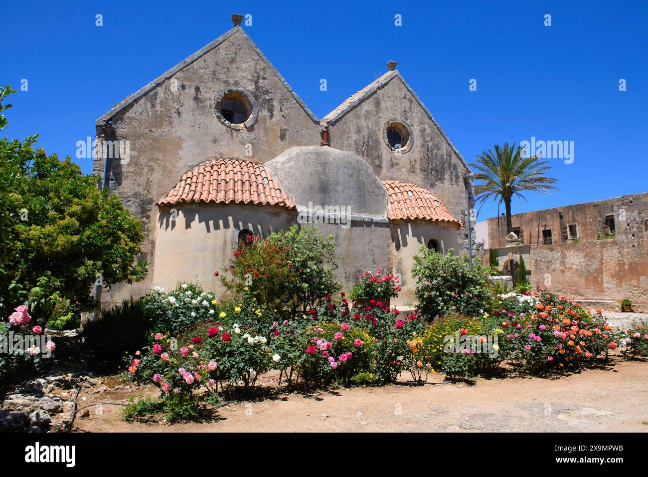 View of rear wall of two-aisled church building church monastery church dedicated to Saints ...