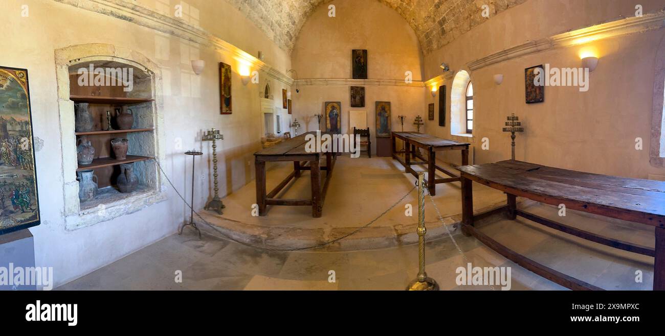 Historic dining room in UNESCO World Heritage Site Moni Arkadi Orthodox ...